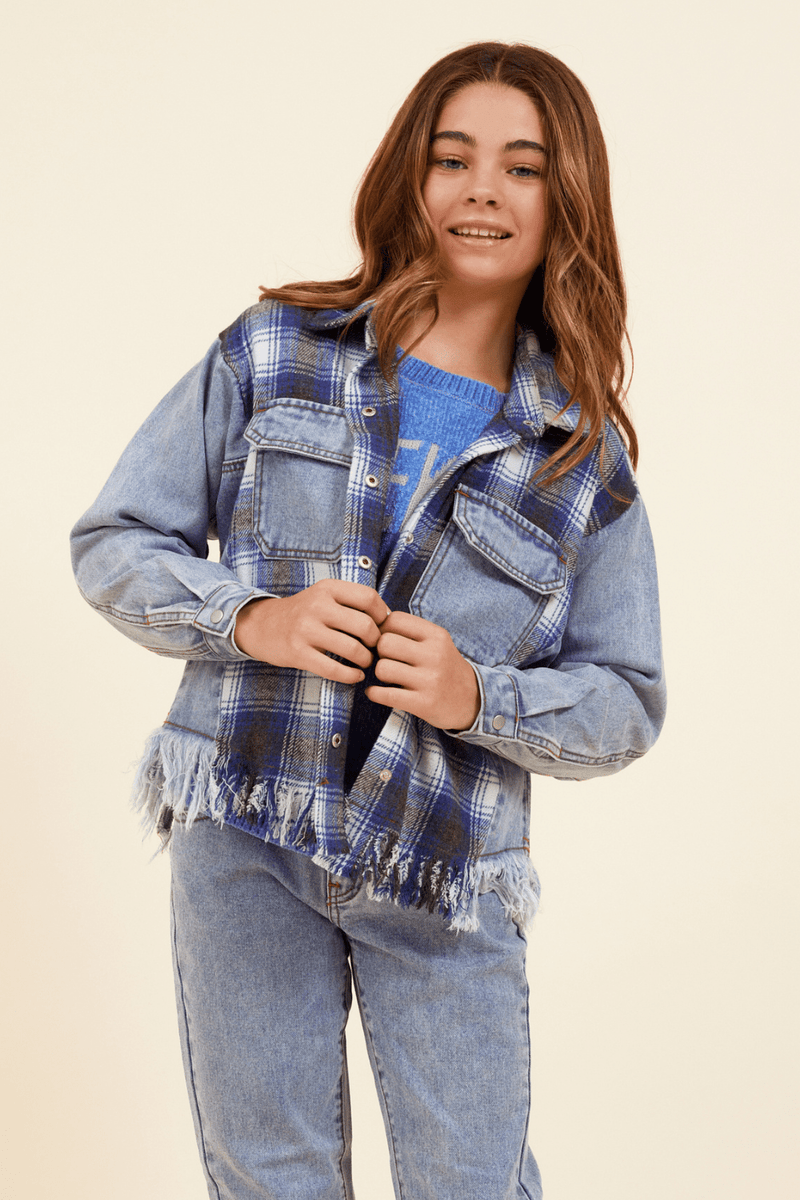 Denim & Blue Plaid Frayed Button Down